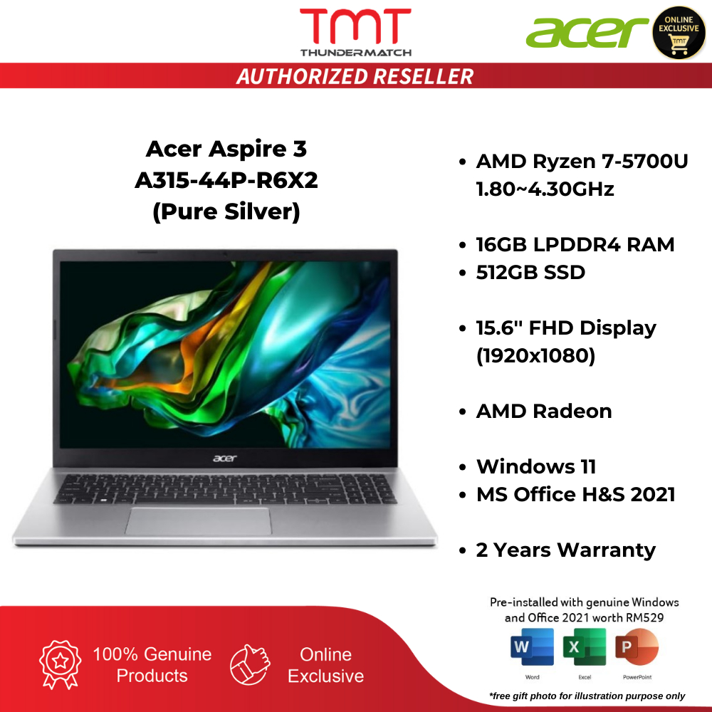 Acer Aspire 3 A315-44P-R6X2 Laptop (Pure Silver) | AMD Ryzen 7-5700U | 16GB RAM 512GB SSD | 15.6 ...