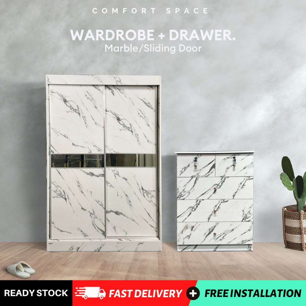 🔥 Free Install 🔥 Marble White 4ft x 6ft Sliding Door Wardrobe & Chest ...