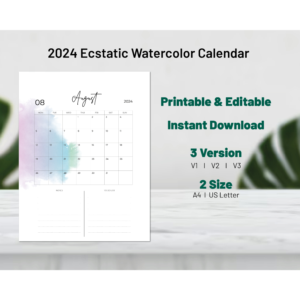 2024 Ecstatic Watercolor Calendar l Digital Download l Editable ...