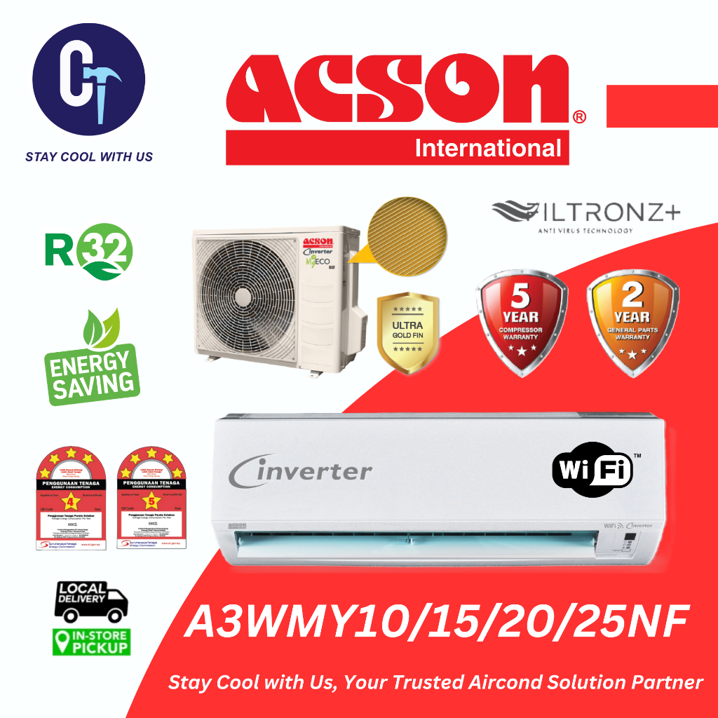 ACSON R32 - A3WM Non Inverter / Inverter 5 AVO Series Air Conditioner (1.0HP~2.5HP) | Shopee ...