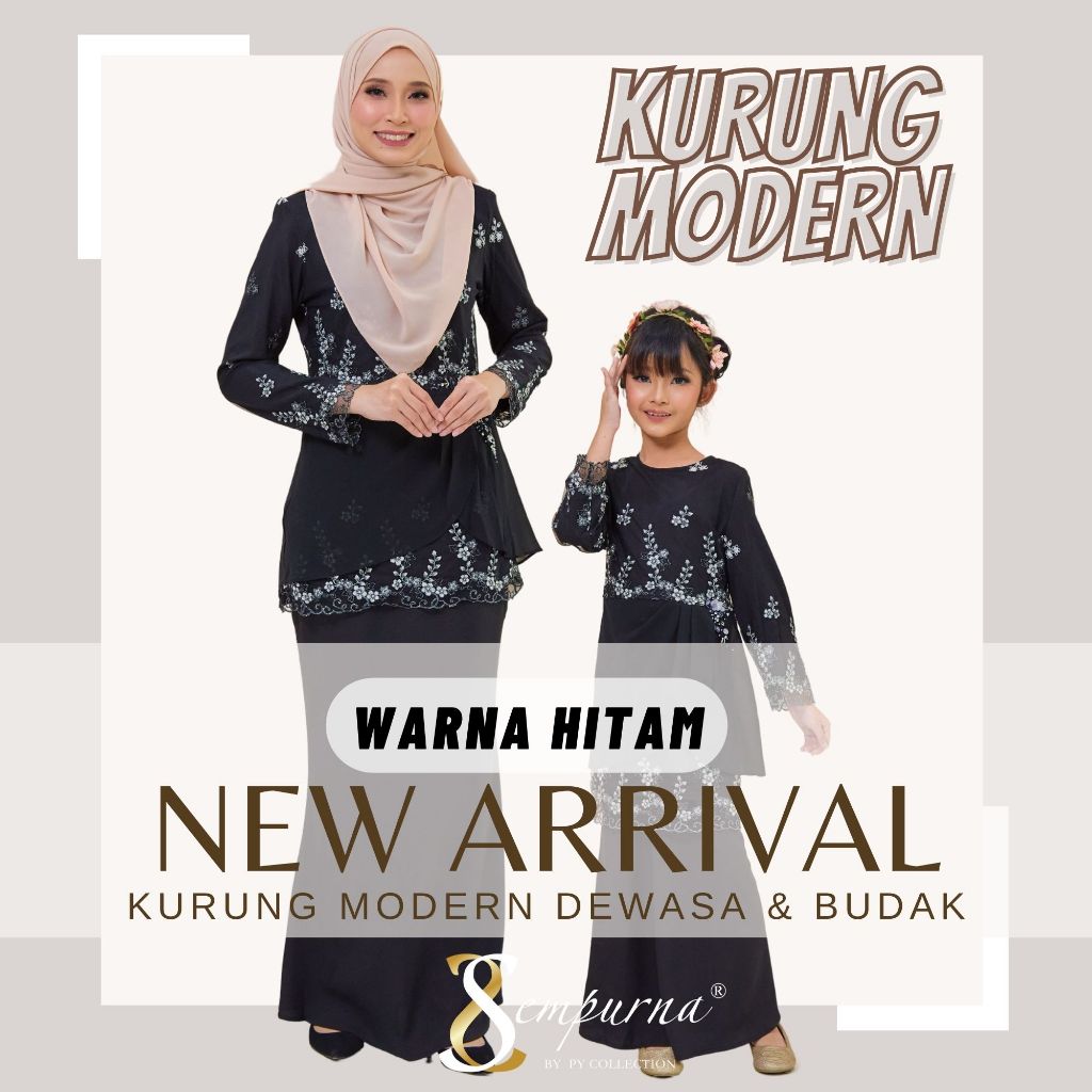 【KOLEKSI BAJU RAYA】KURUNG MODERN WARNA HITAM DEWASA & BUDAK SEPASANG ...