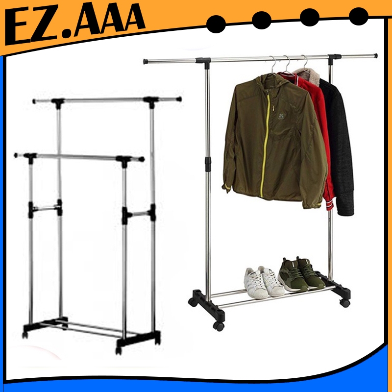 Double Pole Laundry Rack Cloth Clothes Rack Hanging Organizer Hanger ...