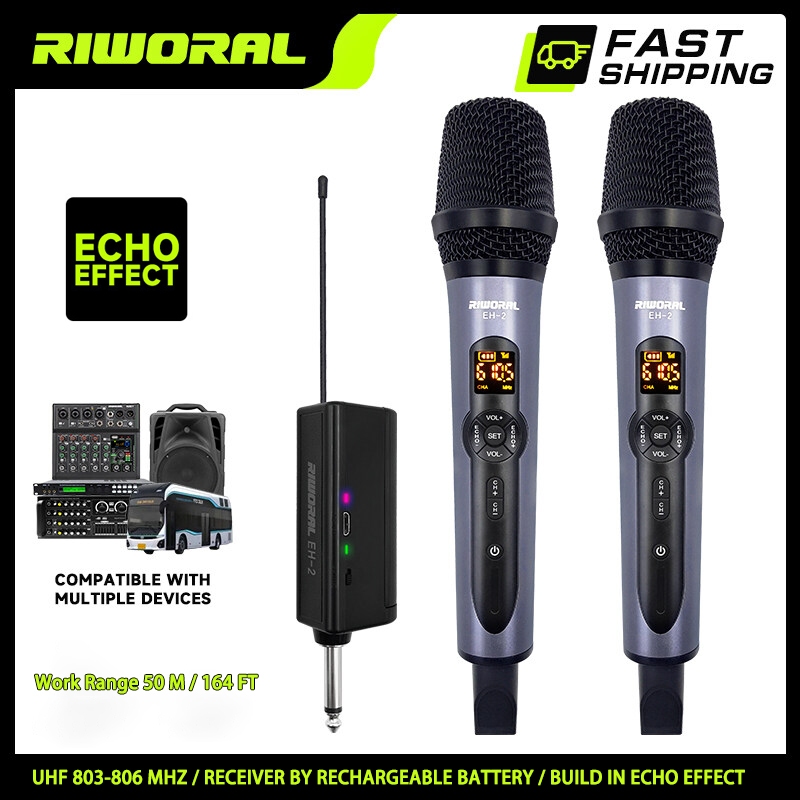 Wireless UHF Dynamic Dual Handed Metal Microphone AA Battery 6.35mm / 3 ...