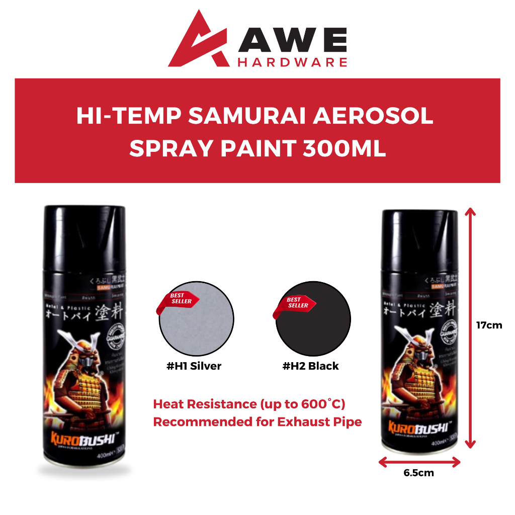 Samurai High Temp Spray Paint 300ml Silver Black Cat Semburan Tahan ...