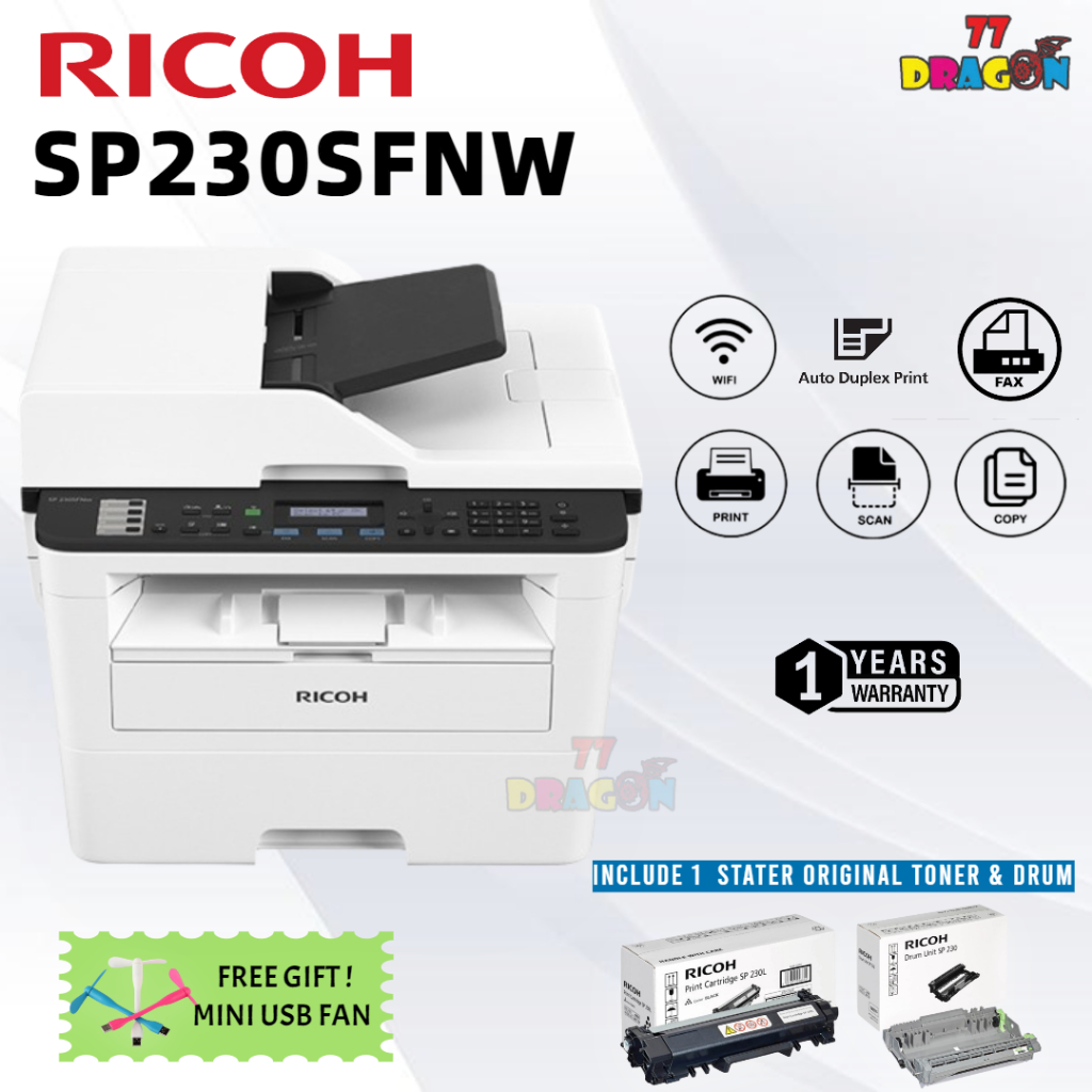 Ricoh SP230SFNW SP230 All In One Mono Laser Printer FOC 1 A4 Paper One ...