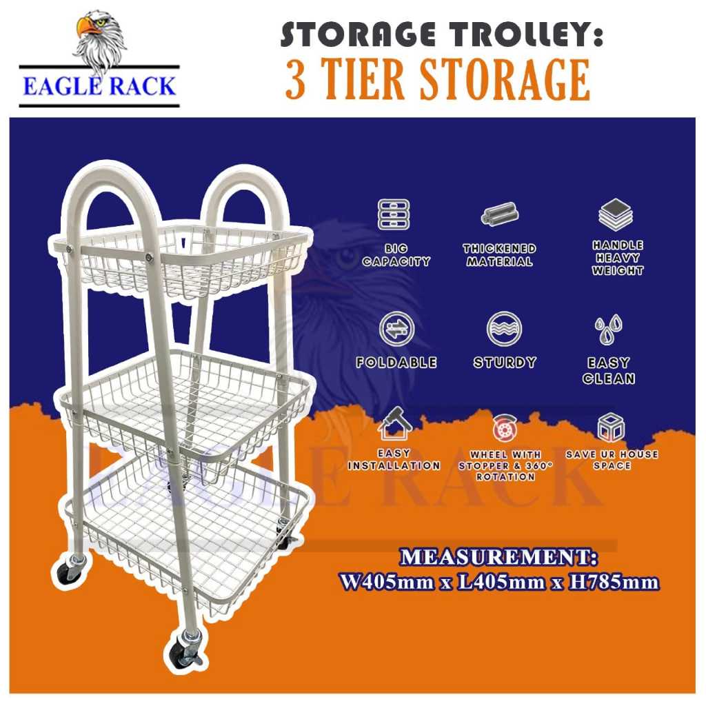 [100% Steel] 3 Tier Metal Trolley/Storage Rack/Kitchen Trolley/ White ...