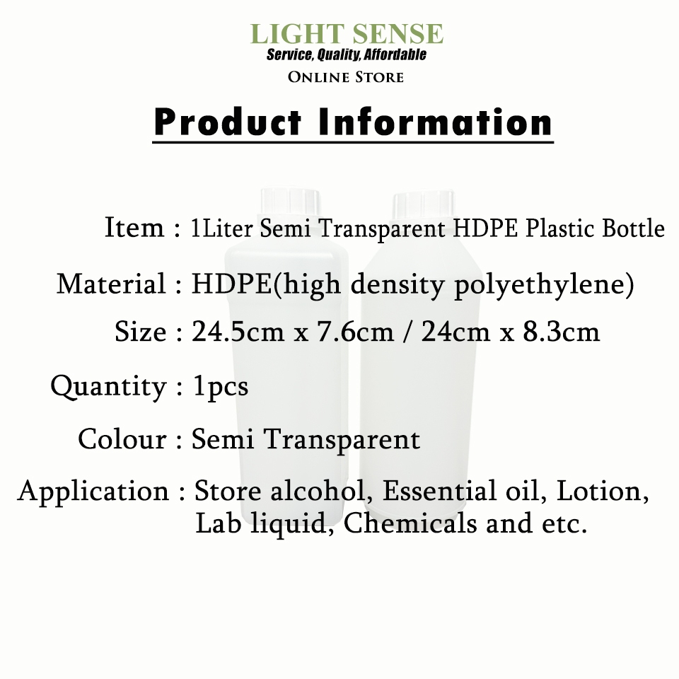 1Liter Semi Transparent HDPE Plastic Bottle with Cap and Insert / Botol ...