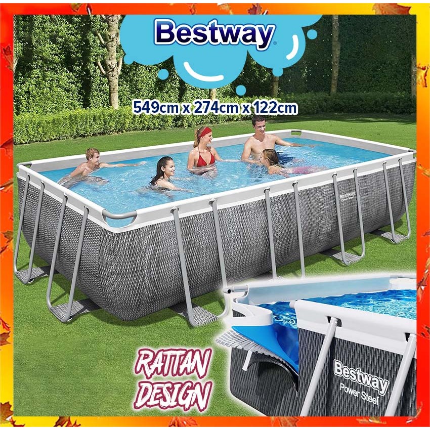 BESTWAY 56998 Power Steel Rattan Frame Swimming Pool Large Family Adult Pool Bath Kolam Air ...
