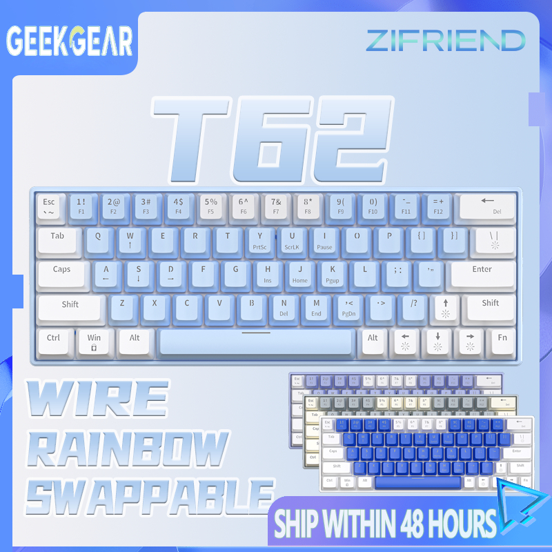 Zifriend T62 Gaming Mechanical Keyboard RGB 60% Layout Pluggable Wired DualColor PBT Keycaps ...