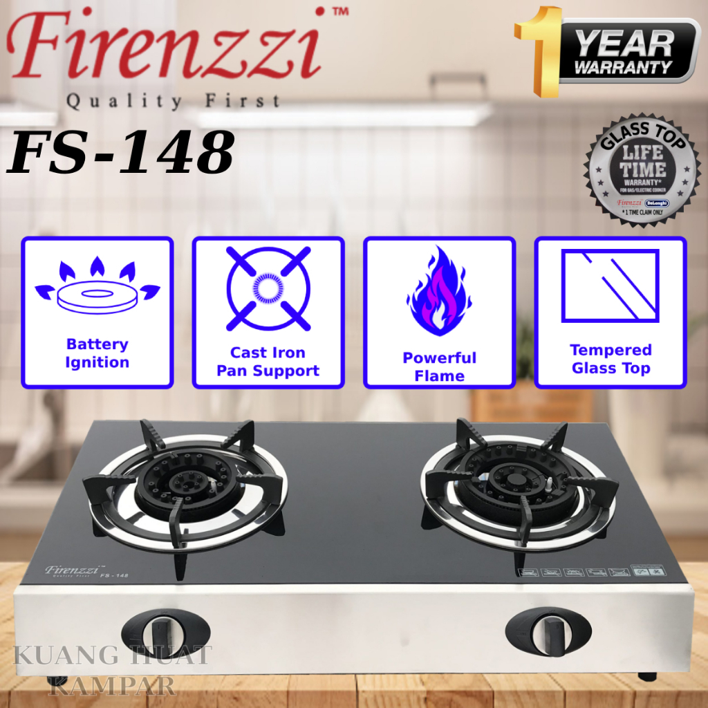 FIRENZZI GLASS TOP GAS COOKER 2 BURNER GAS STOVE FS148 / FS-148 ...