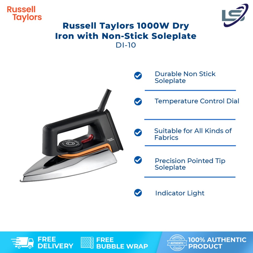Russell Taylors 1000W Dry Iron Non-Stick Soleplate DI-10 |Temperature ...