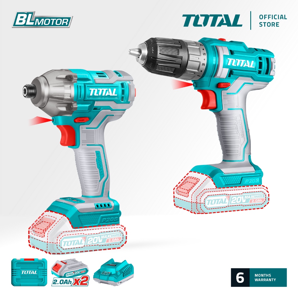 TOTAL Li-ion Cordless Combo Kit With Impact Driver & Drill (20V) + Battery (2 Pcs) + Charger ...
