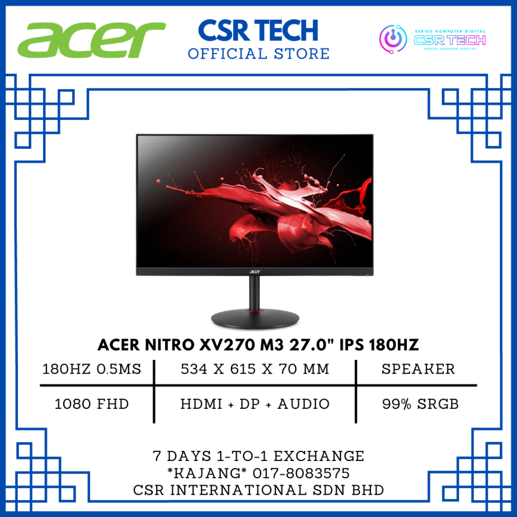 [CSR TECH] ACER NITRO XV270 M3 27.0" 180HZ 0.5MS IPS 1920 X 1080 FHD ...