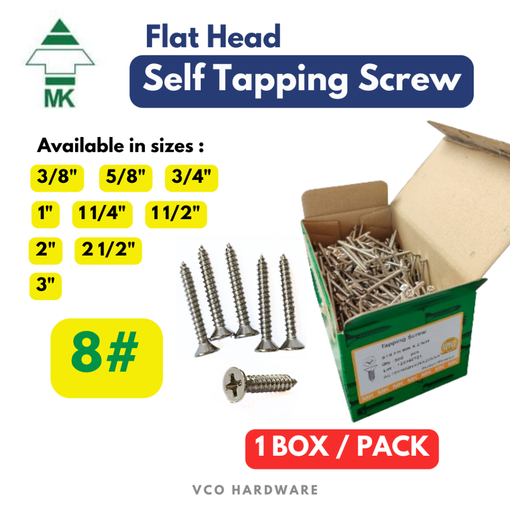 [ 1 BOX / 8# ] MK 8# Flat Head Self Tapping Screw/Countersunk flat ...