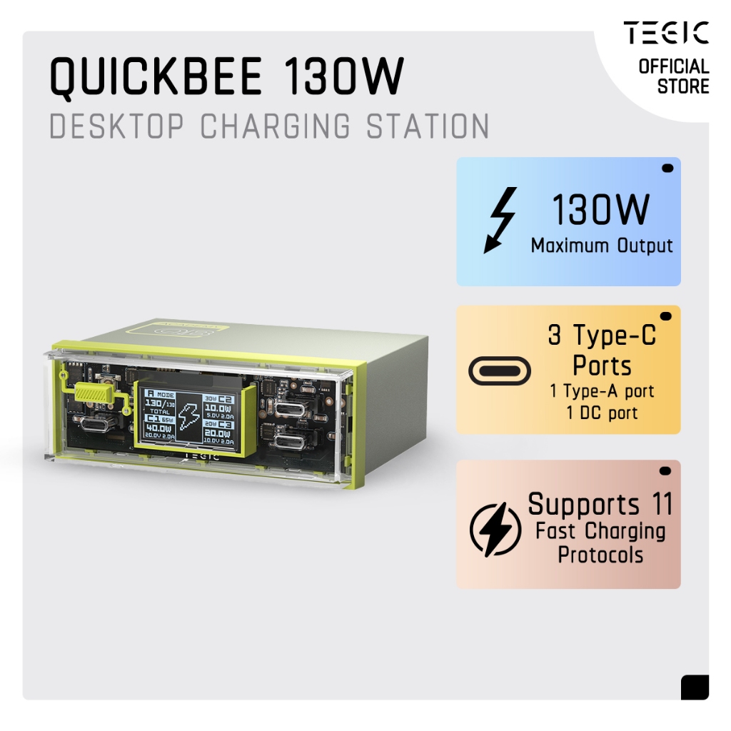 TEGIC QUICKBEE 130W Desktop Fast Charging Station | 130W Maximum Output | 3 Type-C ports | 1 ...
