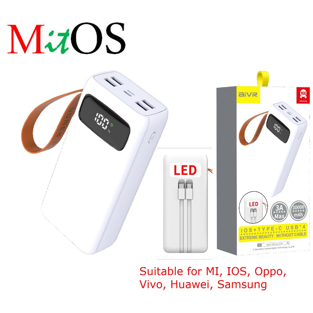 aiVR Y137 30000mAh 5V/2A 3A Max IOS+Type-C USB*4 LED Fast Charge Power ...