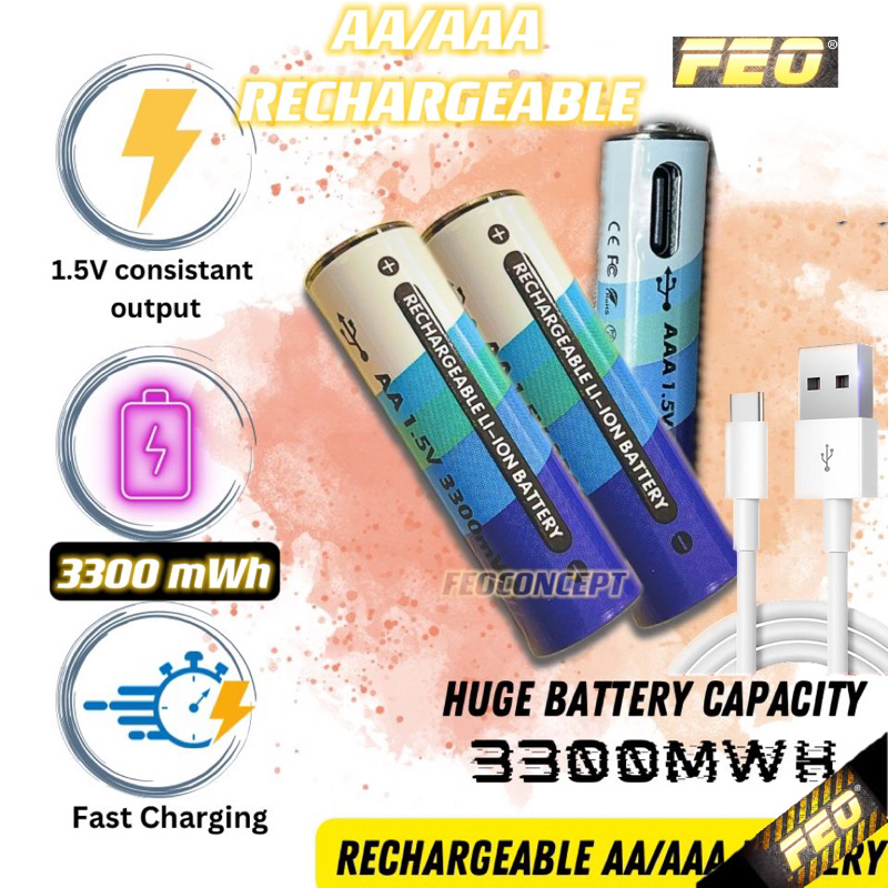 FEO Large 3300 mWh Battery AA Rechargeable Battery AAA Type C USB 1.5V ...