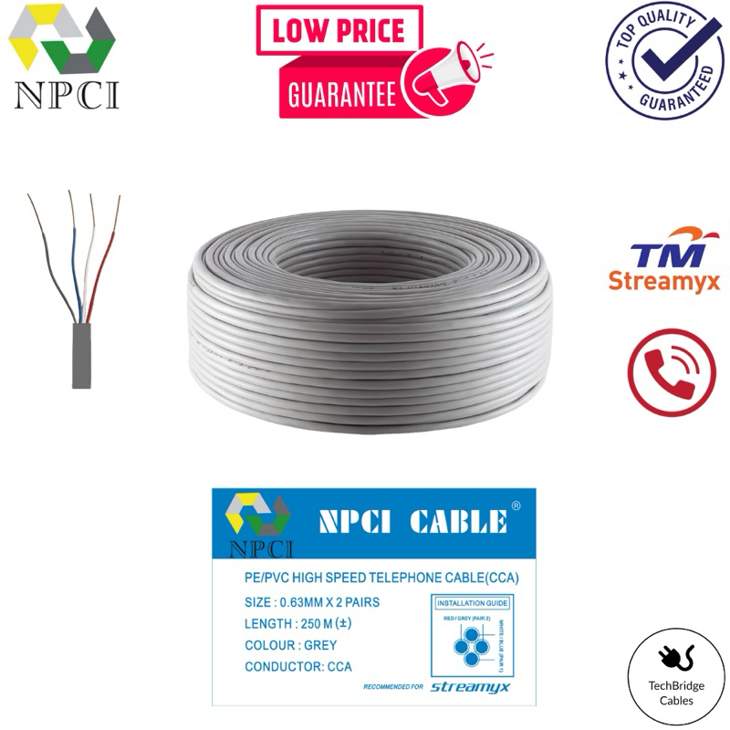 NPCI (1/0.63mm x 2 Pairs) PE/PVC High Speed Telephone Cable - Grey 250m ...