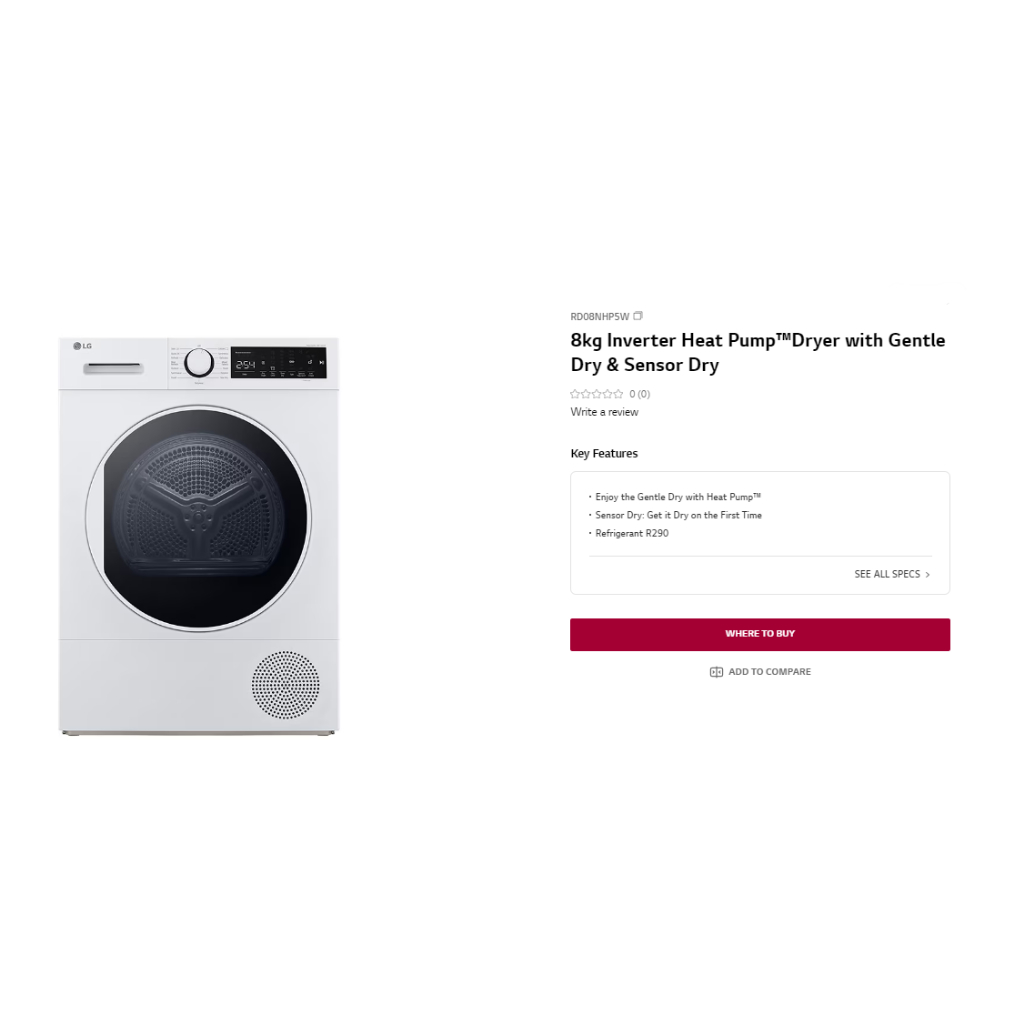 LG 8kg Inverter Heat Pump™ Dryer with Gentle Dry & Sensor Dry RD08NHP5W ...