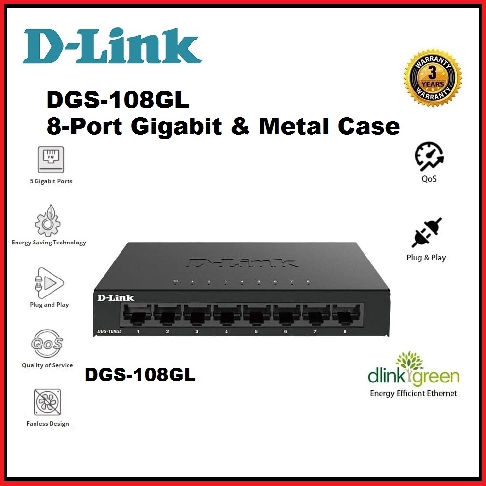 D-LINK DGS-108GL 8-Port Gigabit LAN Desktop Unmanaged Network Switch in ...