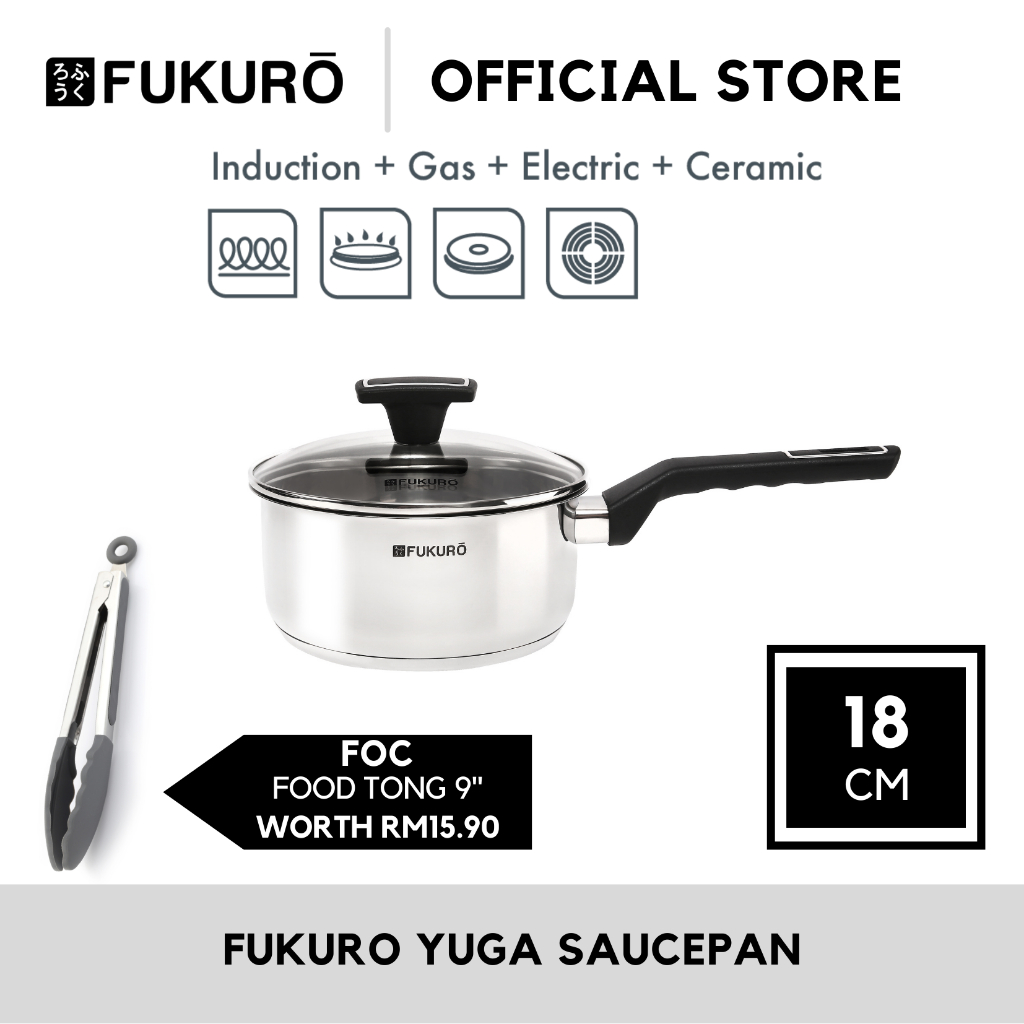 Fukuro Yuga 304 Stainless Steel Sauce Pan With Lid 18cm [FOC Multipurpose Food Tong 9"] | Shopee ...