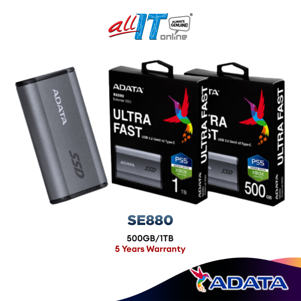 ADATA SE880 USB 3.2 Gen2x2 External SSD Up to 2000 MB/s - Titanium Gray (500GB / 1TB / 2TB / 4TB ...