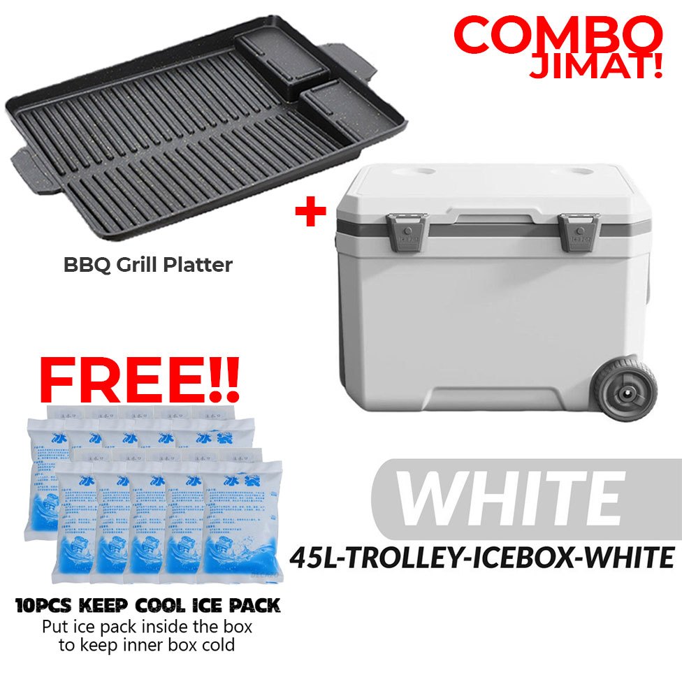 45L Cooler Box with Wheel Roller Portable Outdoor Food Storage Camping ...
