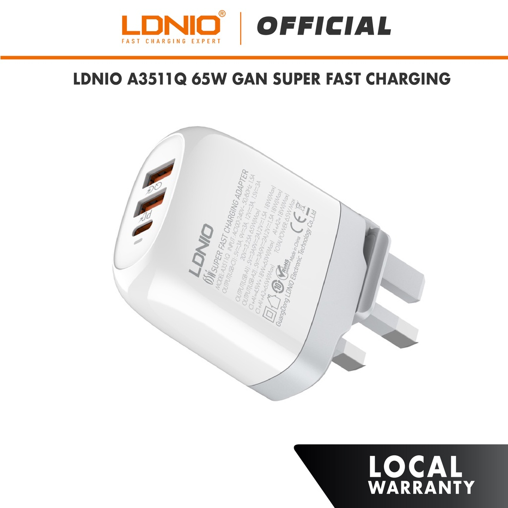 LDNIO A3511Q 65W GaN Super Fast Charging QC3.0 + PD 65W UK Charger with ...