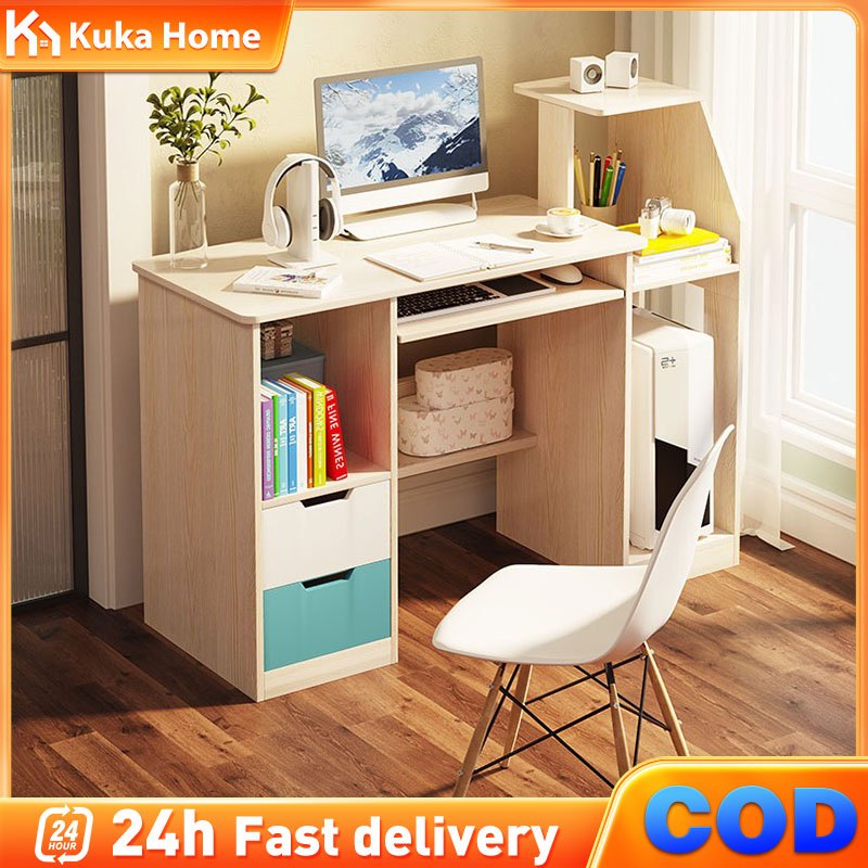 Computer Table Meja belajar Student Study Desk With Side Bookshelf ...