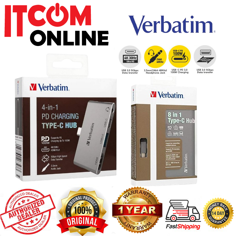 VERBATIM 4 IN 1 & 8 IN 1 TYPE C TO 1-USB3.0/HDMI/AUDIO JACK/PD 100W USB ...