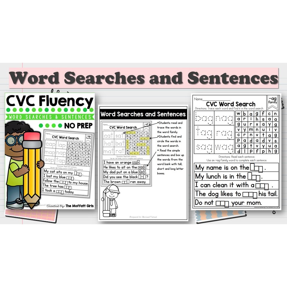 [P233] 27 pages CVC Word Searches and Sentences Worksheet for Pre ...