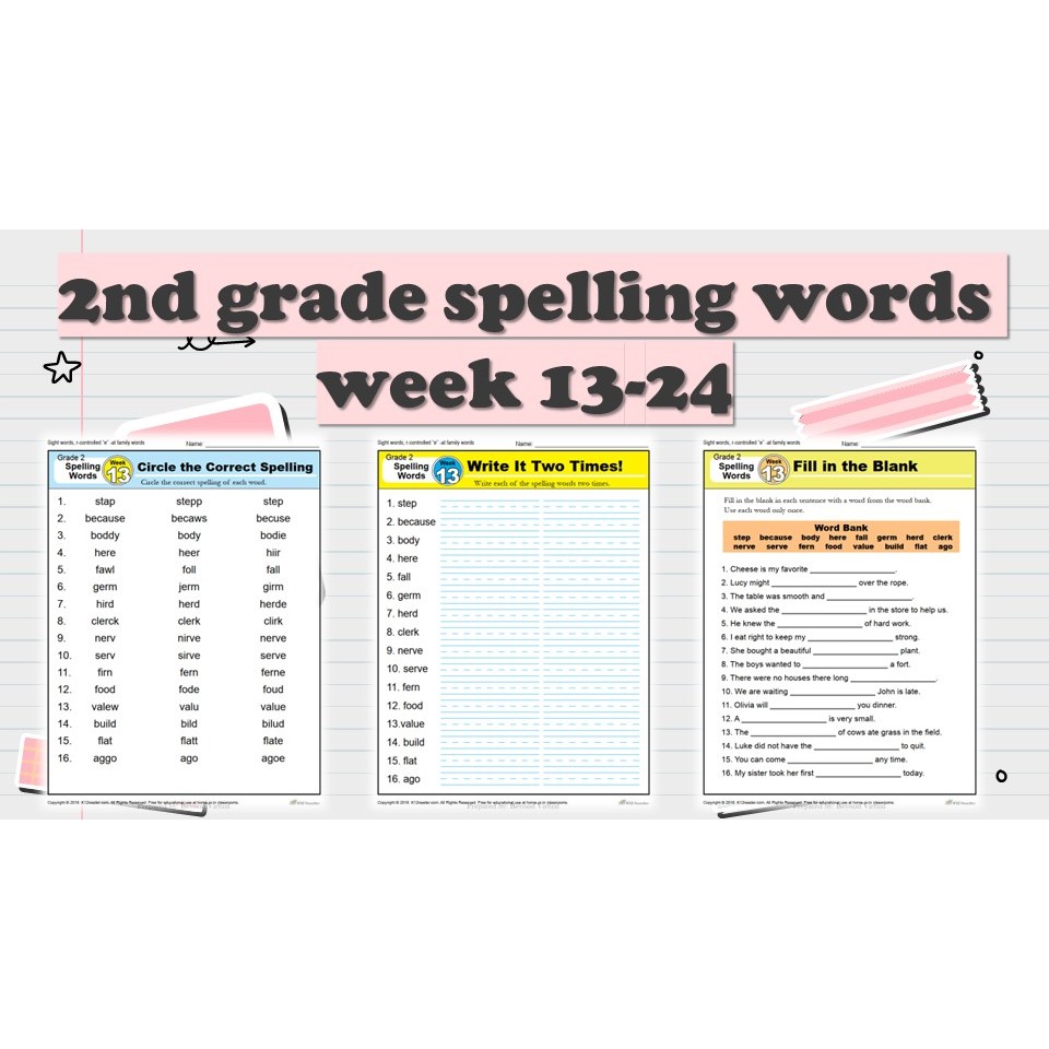 [PRE247] 114 pages 2nd grade spelling words week 13-24 Worksheet PDF ...