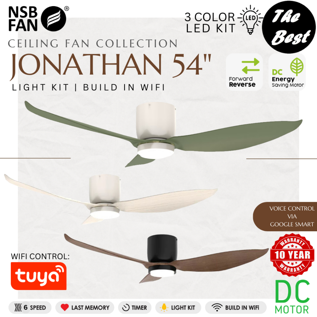 NSB | JONATHAN 54 INCH DC MOTOR 3 BLADE 3C LED LIGHT KIT 6R+6F SPEED BUILD IN WIFI REMOTE ...