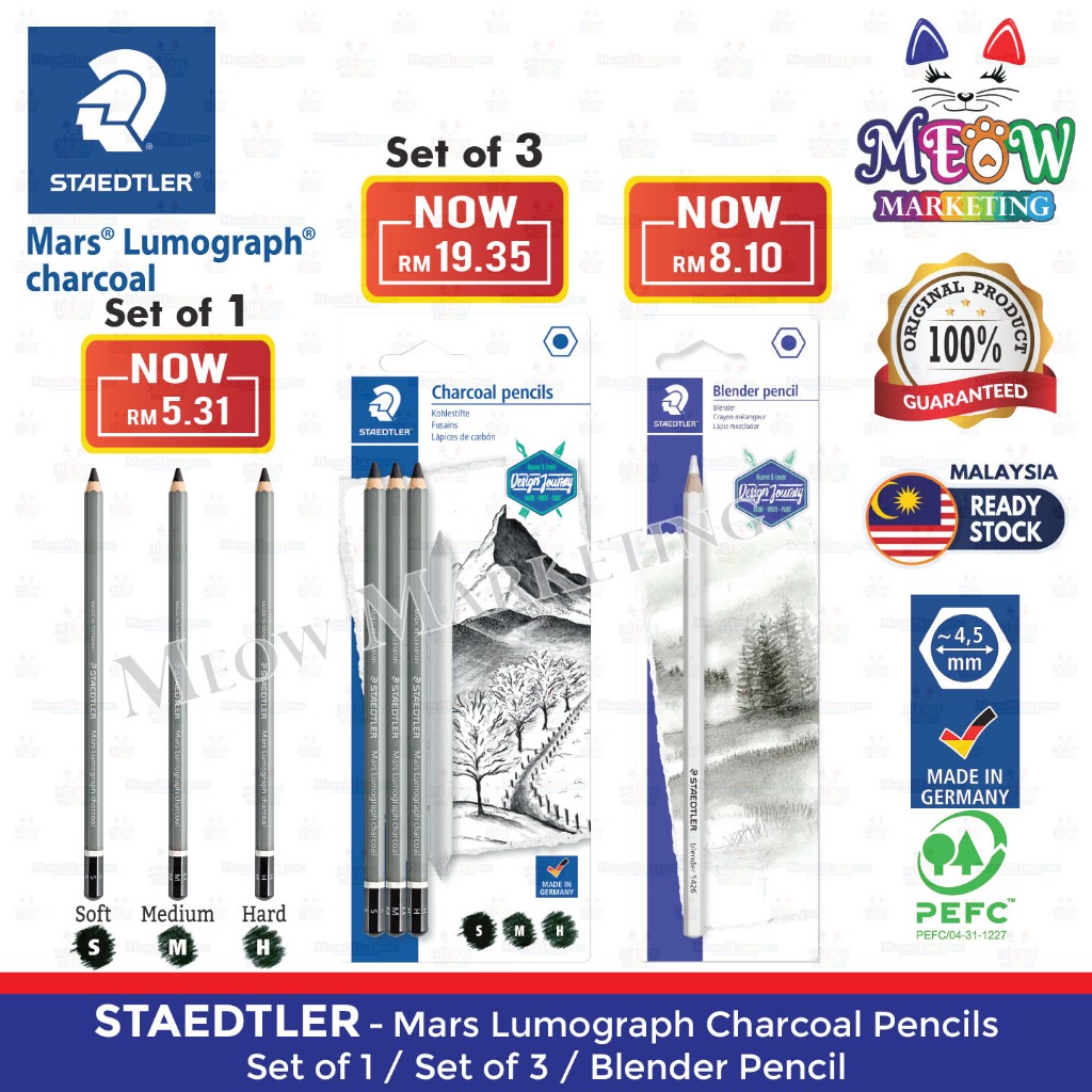 Staedtler Mars Lumograph Charcoal Pencil - Set of 1 / Set of 3 / Blender Pencil | Shopee Malaysia