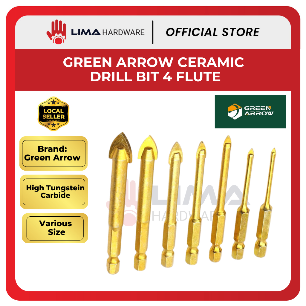 GREEN ARROW Ceramic Drill Bit 4 Flute, Mata Gerudi Seramik, Alat Gerudi ...