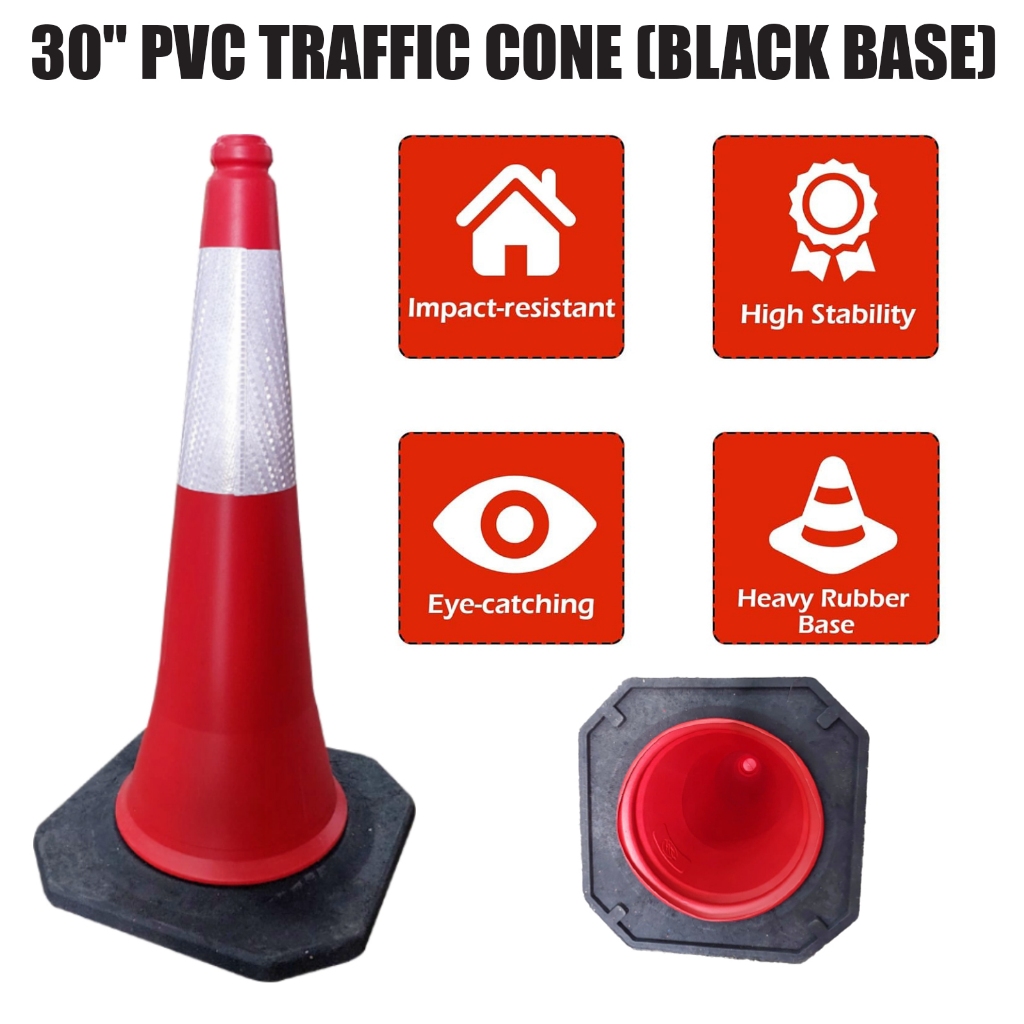 30" PVC Safety Traffic Cone With Reflective Sticker Black Base (Made In ...