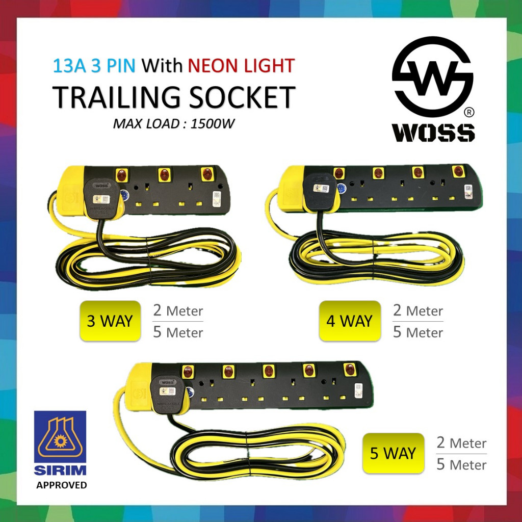 PEAK / WOSS 2way 3way 4way 5way Trailing socket 2 Meter cable 5 Meter ...
