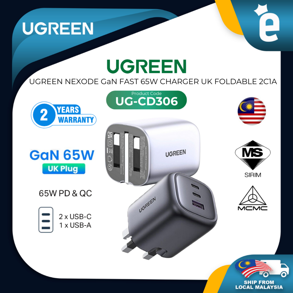 UGREEN USB C CHARGER 65W FOLDABLE NEXODE GAN 3-PORT CHARGER UK PLUG ...