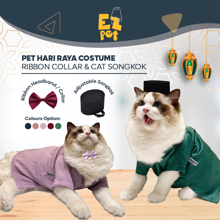 EZPET🐱 【Pet Costume Ribbon Collar & Cat Songkok】 Pet Ribbon Headband ...