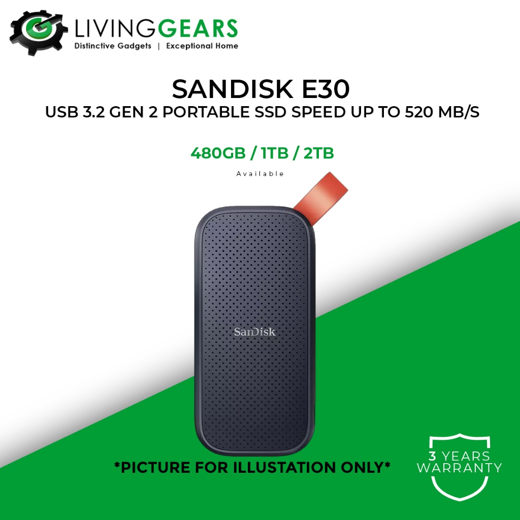 Sandisk Portable SSD E30 USB 3.2 (480GB / 1TB / 2TB) UP TO 520MB/S | Shopee Malaysia