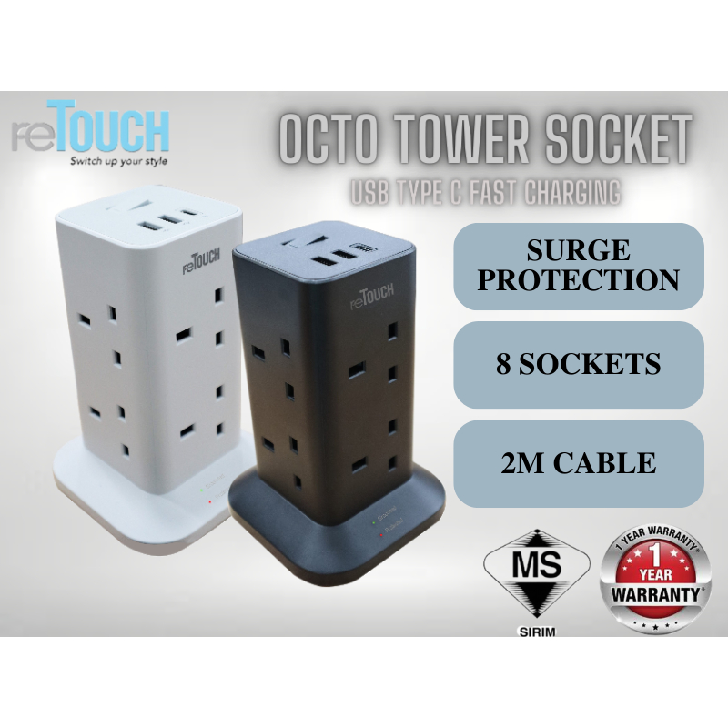 RETOUCH OCTO TOWER SOCKET with Surge Protection [SIRIM] l RETOUCH OCTO ...