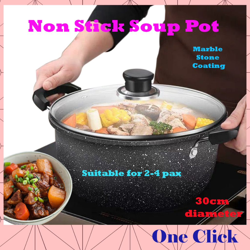 4 Litre Large Deep Cooking Pot Non Stick Marble Stone Coating Soup Stew ...