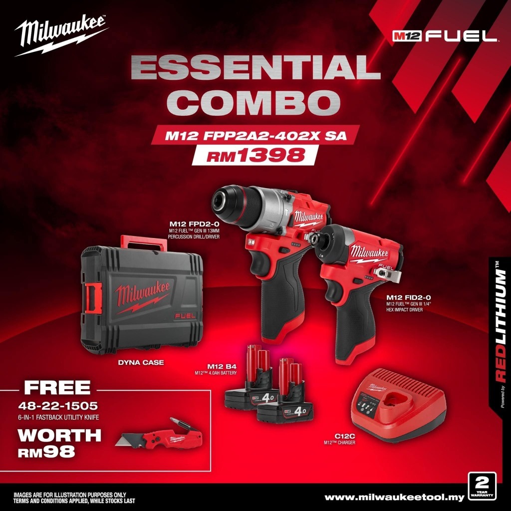 MILWAUKEE M12 ESSENTIAL COMBO M12FPD2-0+M12FID2-0+C12C+M12B4(FREE 6IN1 ...