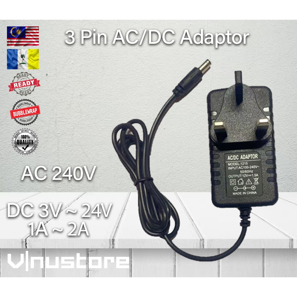 3 Pin Power Adaptor AC to DC 3V 5V 6V 9V 12V 24V 1A 2A 3A 1Meter 5.5mm 2.1mm Connector | Shopee ...