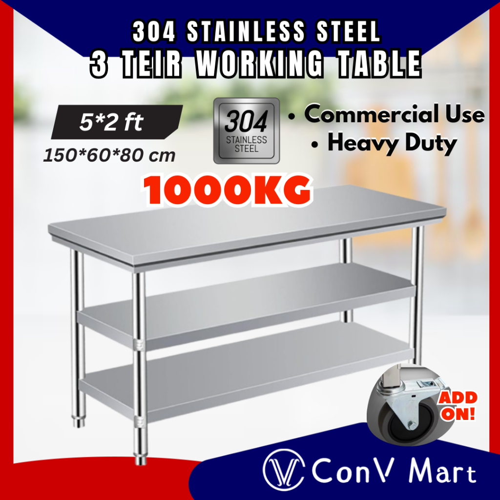 5*2FT (150cm) 3Tier Stainless Steel Working Table Workbench Kitchen ...