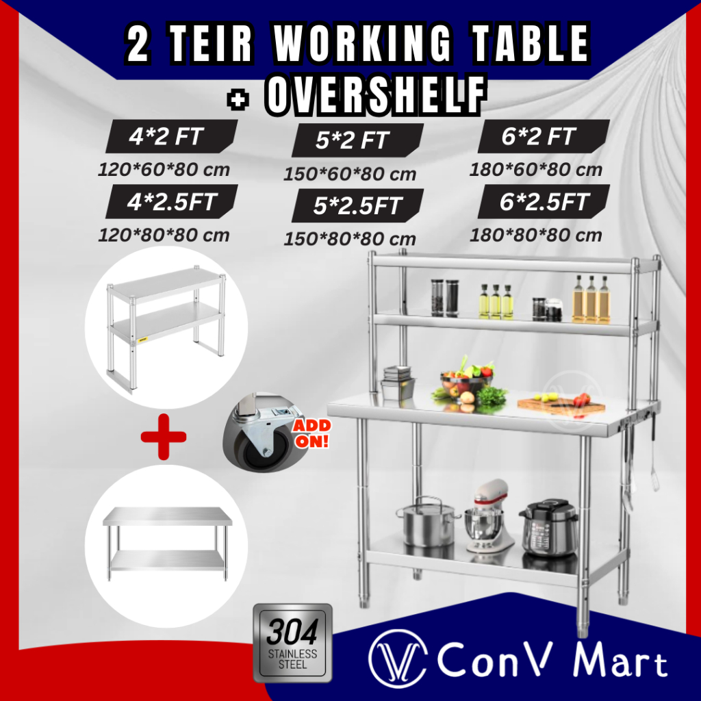 4/5/6FT (120/150/180cm) 2 Tier Stainless Steel Working Table Workbench ...
