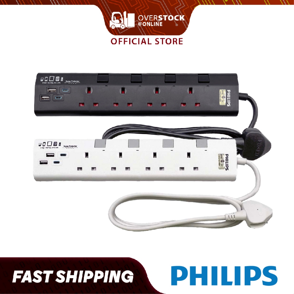 [SIRIM Approved] PHILIPS CHP4742 4 Way Extension Socket with 2 USB and 2 Type-C Port, Surge ...