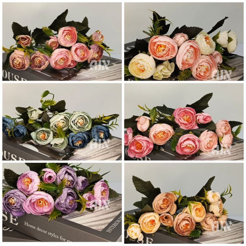Bunga hiasan Artificial Silk Rose Flowers 6 head 4 Small bud/ Tea Rose ...