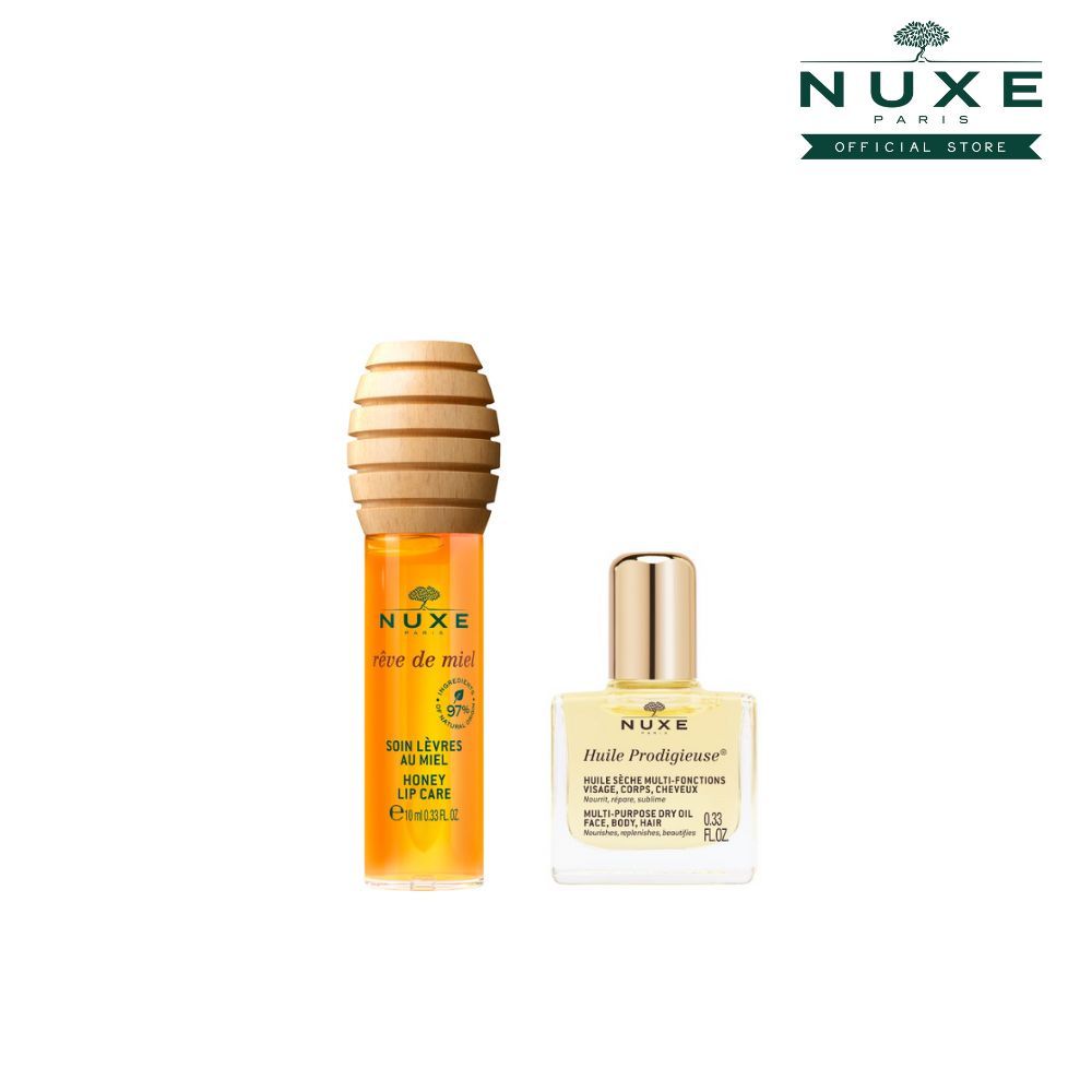 [Bundle of 2] Nuxe Reve de Miel Honey Lip Oil 10ml + Nuxe Huile Prodigieuse Multipurpose Mini ...