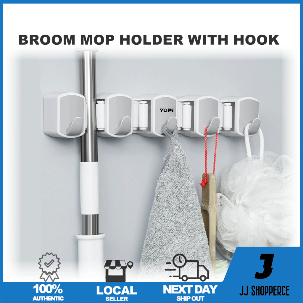 [MY] Broom Mop Holder w/ Hook/ Wall Mounted Mop & Broom Organizer ...
